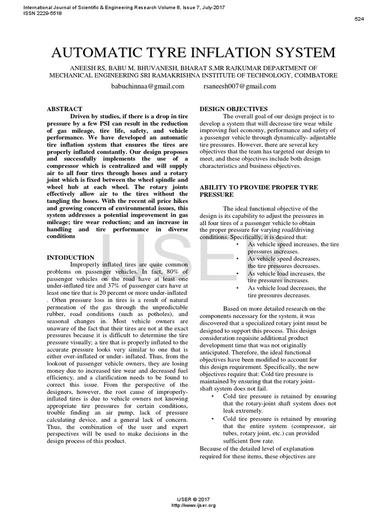 Automatic Tyre Pressure Inflation System | PDF | Tire | Mechanical ...