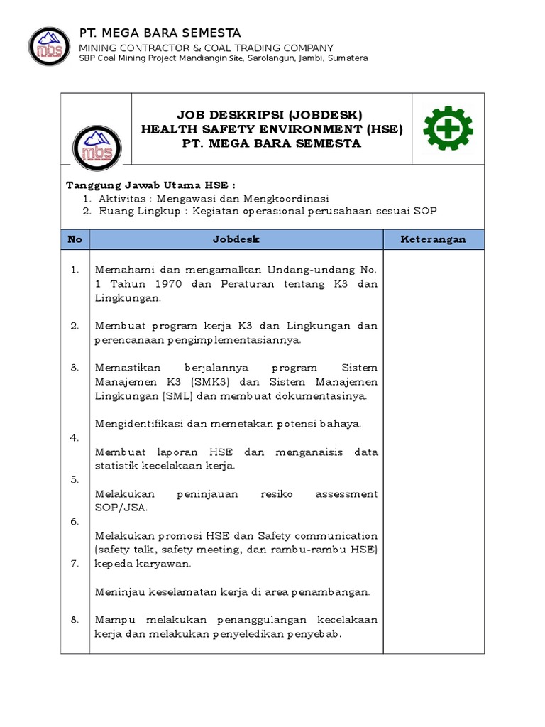 JobDesk HSE Officer PT. MBS | PDF