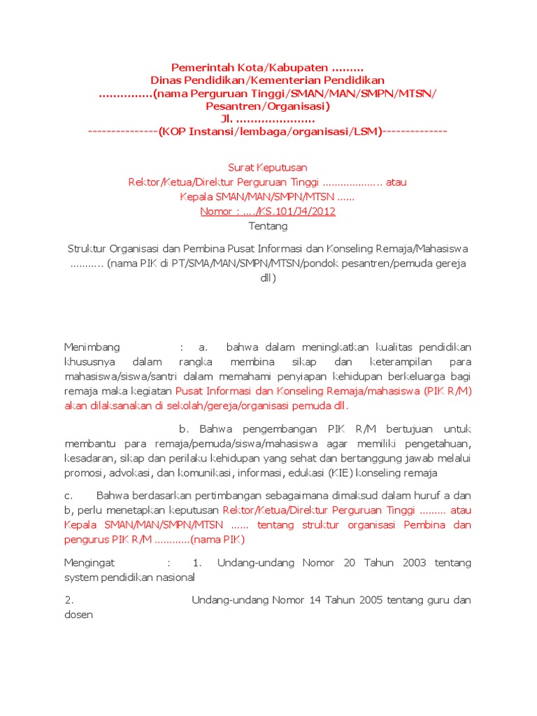 Contoh SK Pik Pendidikan Sekolah & PT | PDF