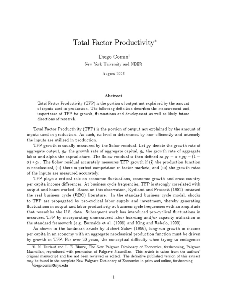 Understanding Total Factor Productivity | PDF | Economic Growth ...