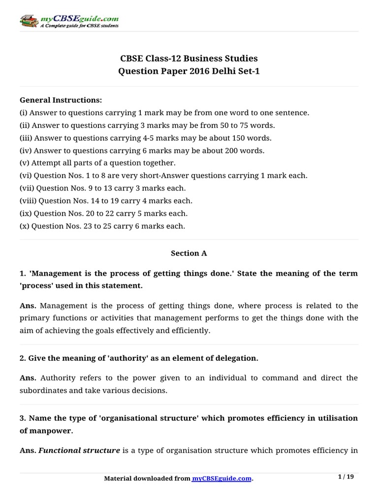 CBSE Class-12 Business Studies Question Paper 2016 Delhi Set-1 | PDF | Motivation | Motivational