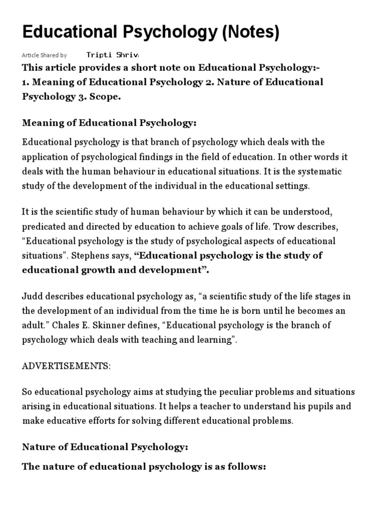Educational Psychology (Notes) | PDF | Educational Psychology | Psychology