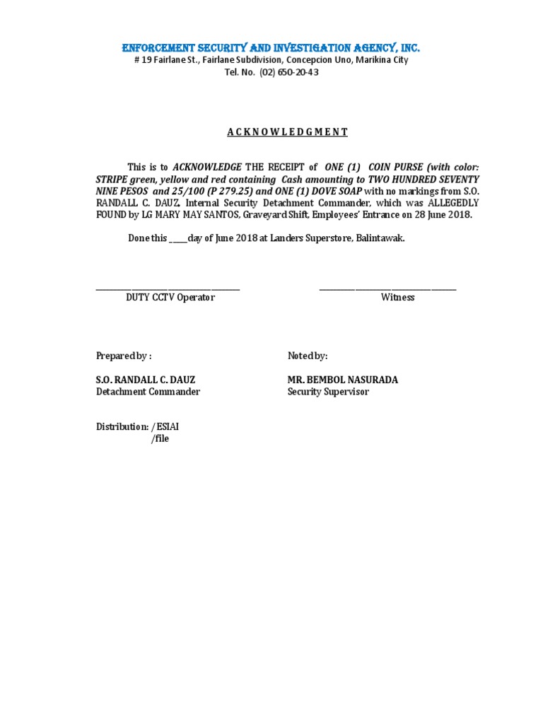 Acknowledgement of Found Items | PDF