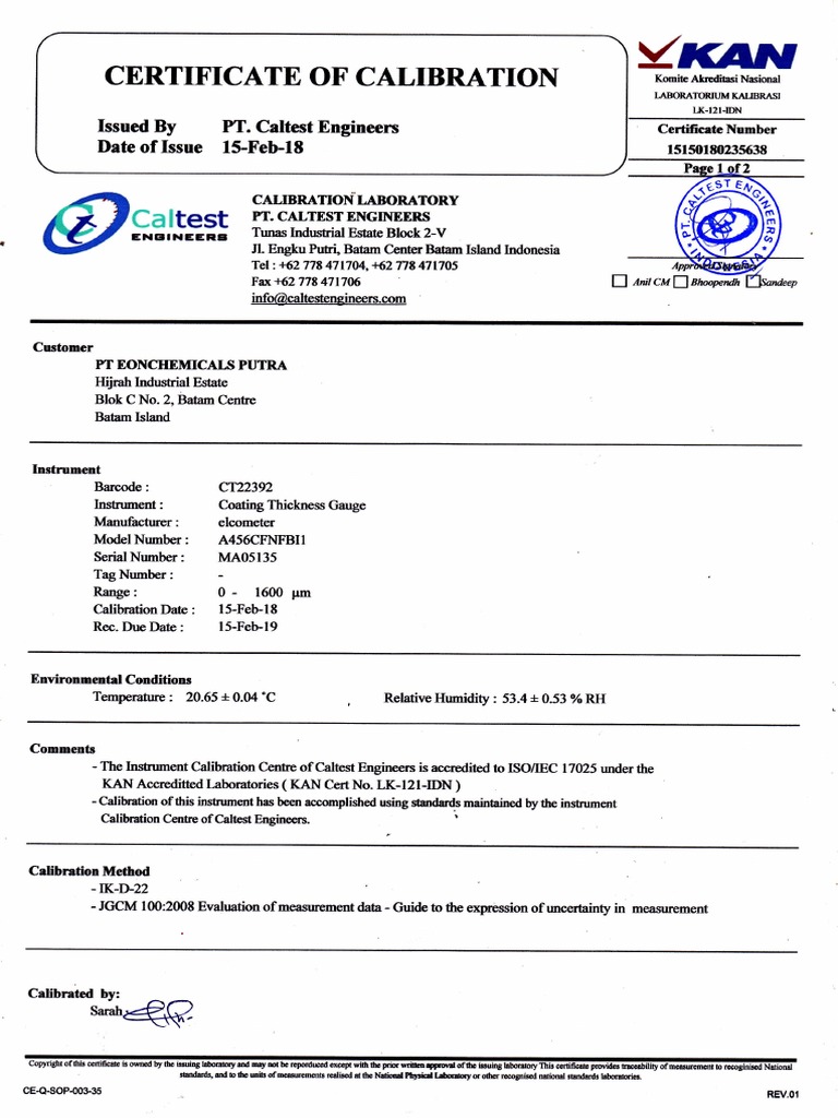 Sertifikat Kalibrasi Elcometer | PDF | Calibration | Reference Works