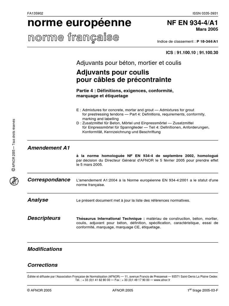 NF EN 934-4-A1 - Adjuvants Pour Coulismars 2005 PDF | PDF | Économie de l'Europe | Métrologie