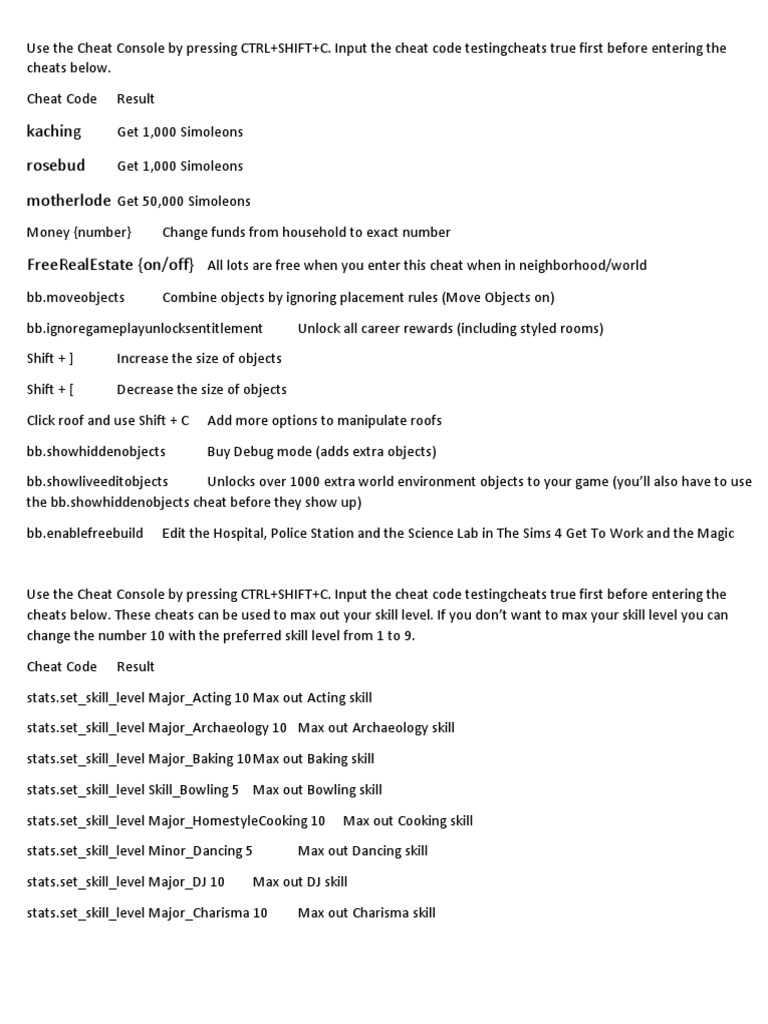 Sims 4 Cheat Codes for Money, Skills, Careers and More | PDF | Waiting ...