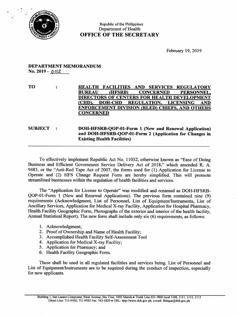 DOH Memo No. 2019-0112 New and Renewal Application | Surgery | Affidavit