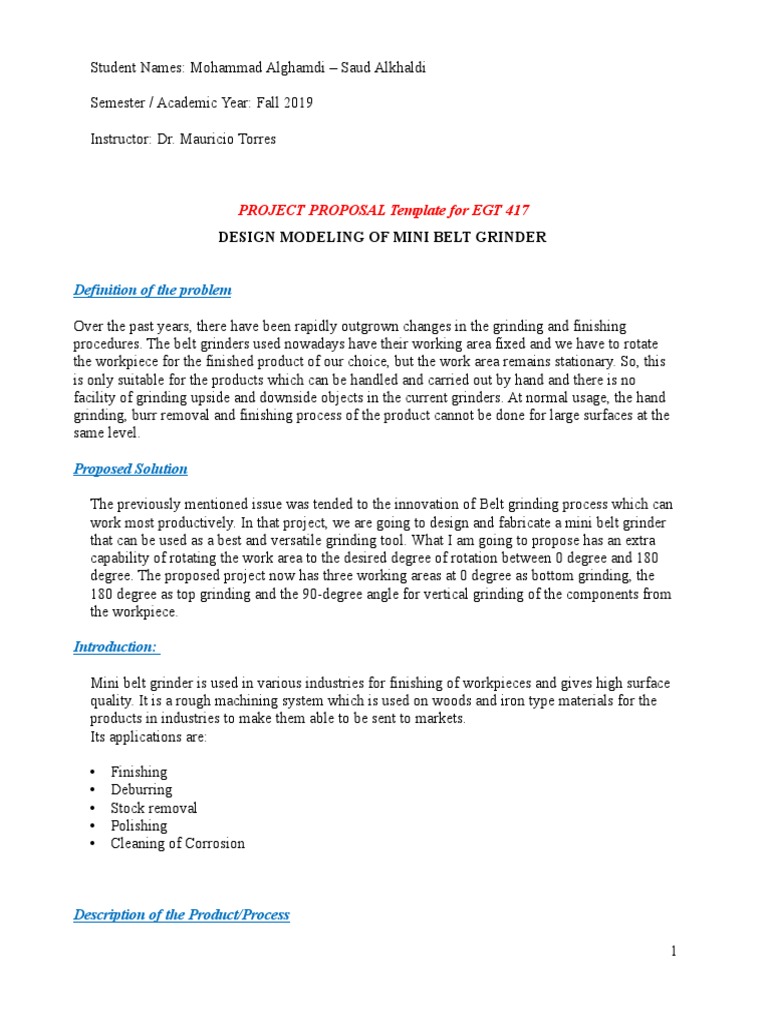 Design Modeling of Mini Belt Grinder: PROJECT PROPOSAL Template For EGT ...