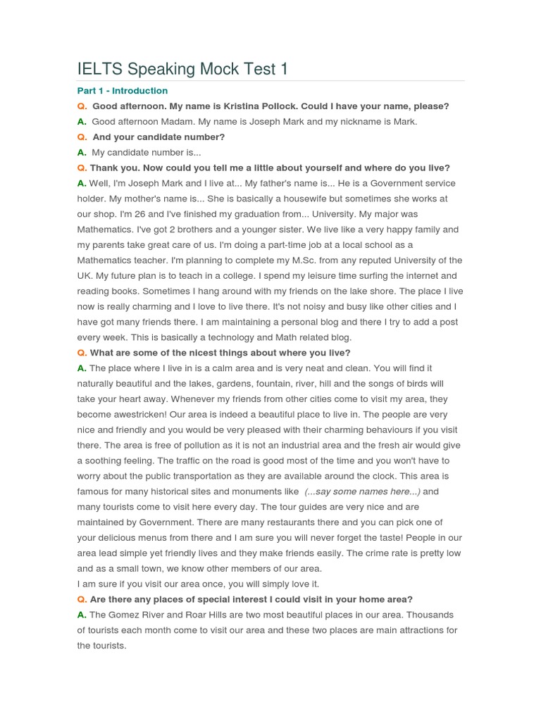 IELTS Speaking Mock Test 1 | PDF | Environmentalism | Motel