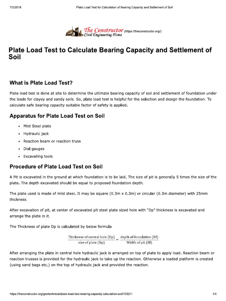 Plate Load Test For Calculation of Bearing Capacity and Settlement of ...