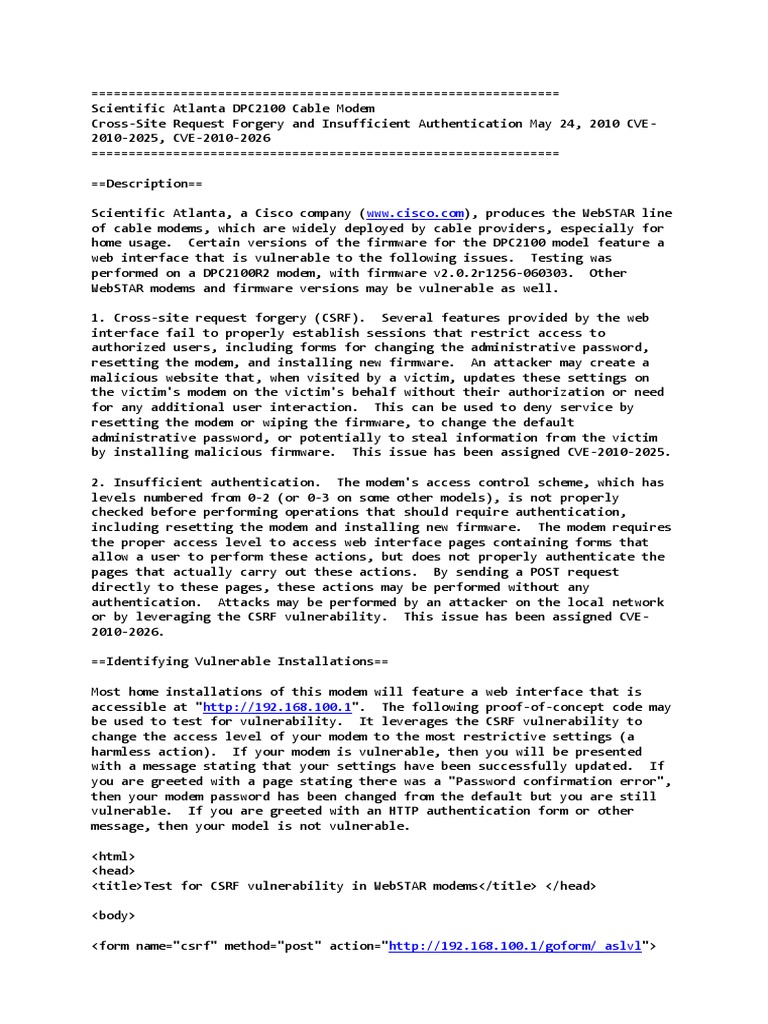 Scientific Atlanta DPC2100 CableModem XSRF | PDF | Cyberspace ...