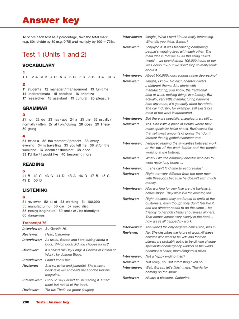Keynote Intermediate Units Tests Answer Key | PDF | Vocabulary