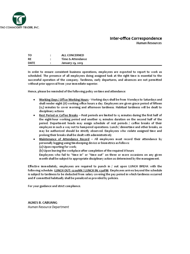 MEMO - Time & Attendance Policy | PDF | Working Conditions | Employment