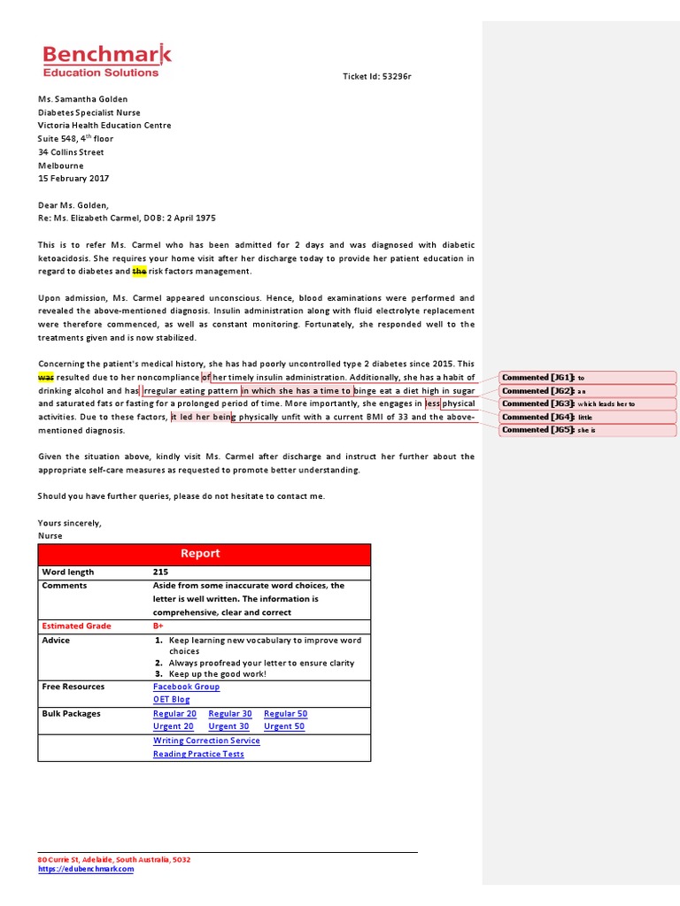 OET Sample Letter | Diabetes Mellitus | Health Care