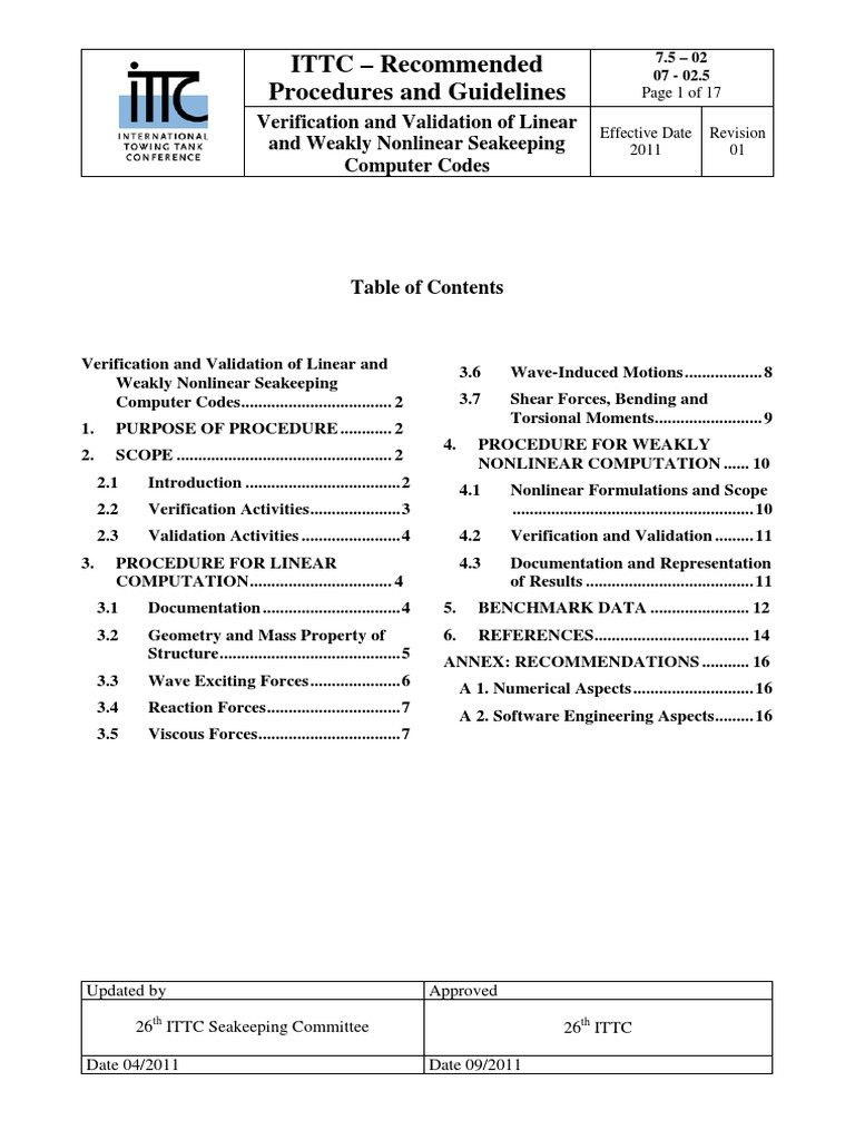 ITTC Seakeeping Codes Procedures | PDF | Mathematical Model | Verification And Validation