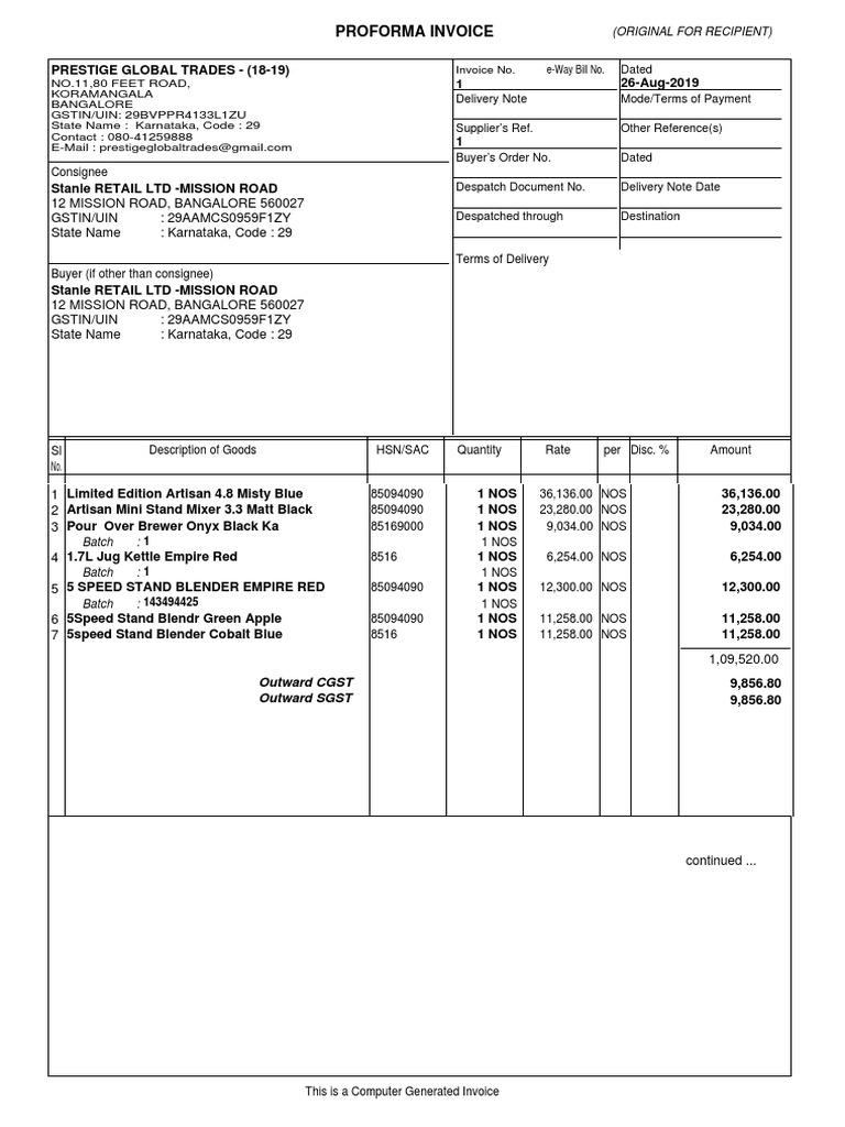 Proforma Invoice: Prestige Global Trades - (18-19) | PDF | Invoice ...