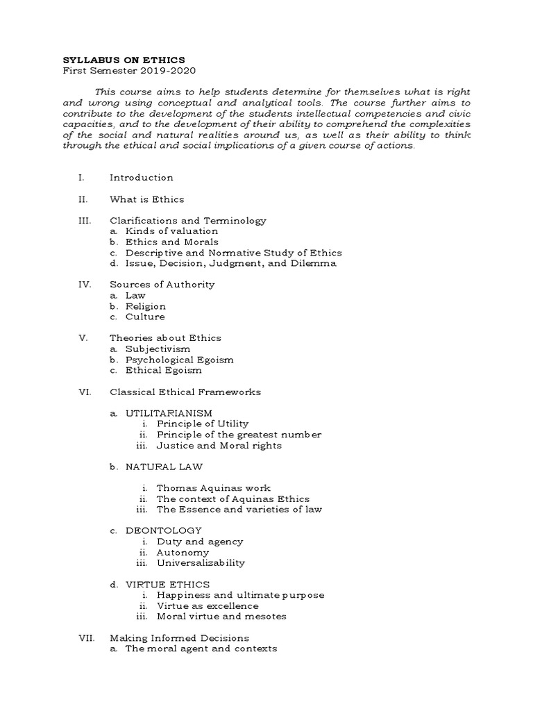 Syllabus On Ethics | PDF | Utilitarianism | Morality