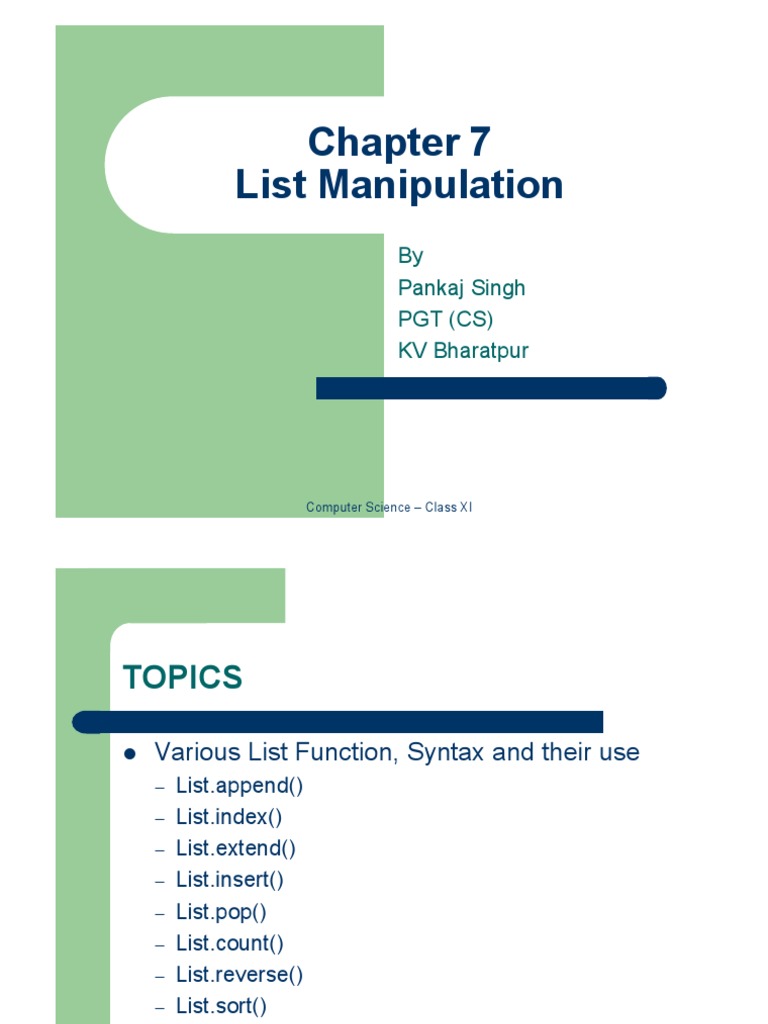 List Manipulation: by Pankaj Singh PGT (CS) KV Bharatpur | PDF ...