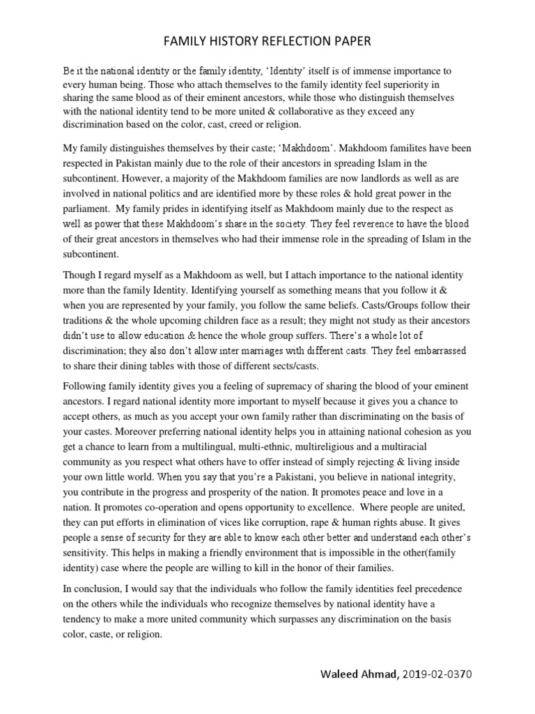 Family History Reflection Paper | PDF | Family | Identity (Social Science)
