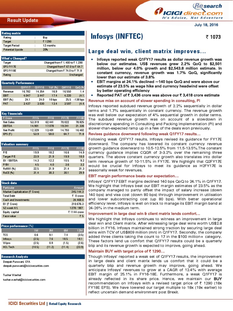Infosys (INFTEC) : Large Deal Win, Client Matrix Improves | PDF ...