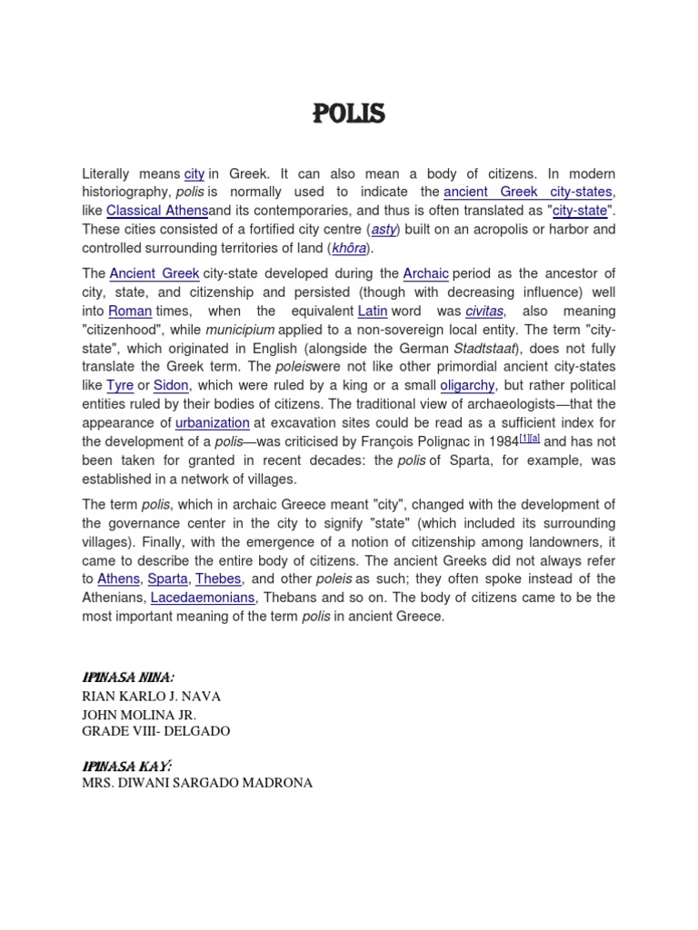 Polis: City Ancient Greek City-States Classical Athens City-State | PDF