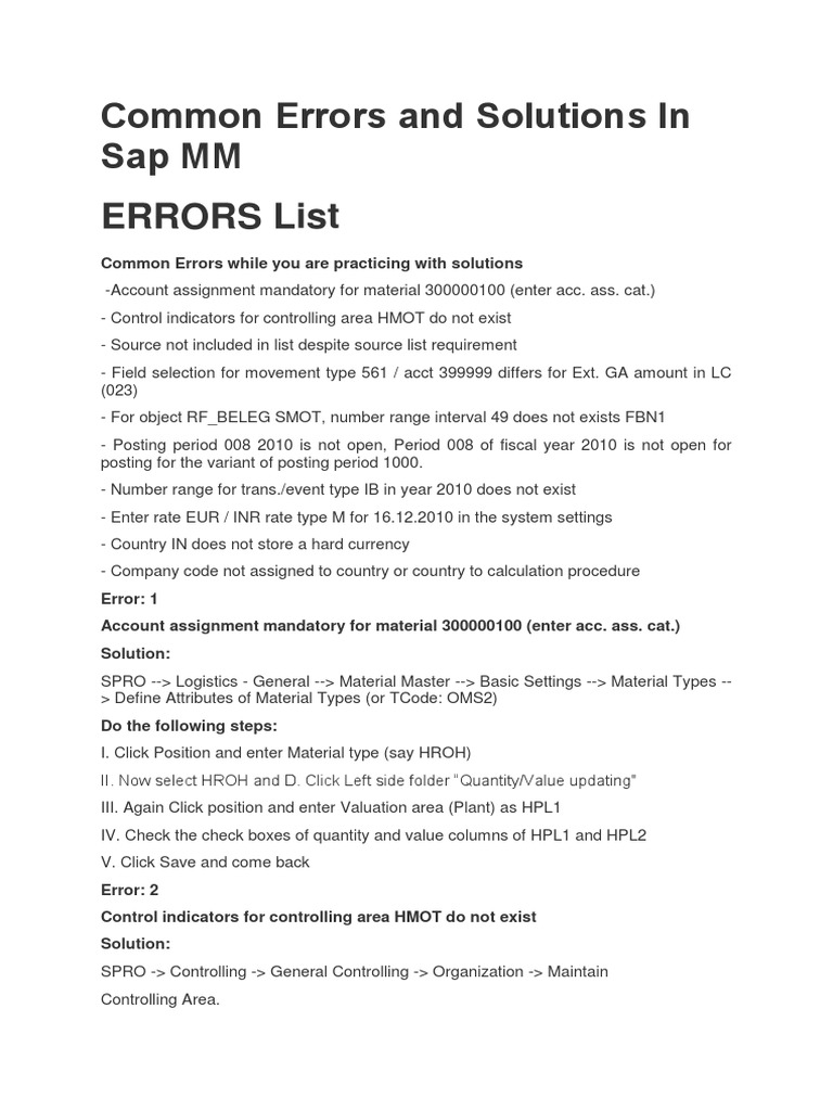 Common Errors and Solutions in Sap MM | PDF | Economies | Business