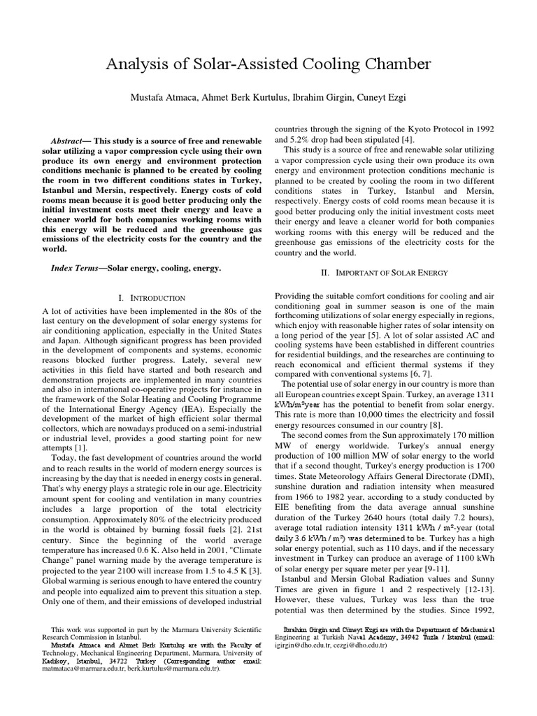 Analysis of Solar-Assisted Cooling Chamber: Mustafa Atmaca, Ahmet Berk ...