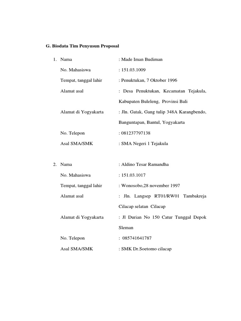 Biodata Tim Penyusun Proposal | PDF