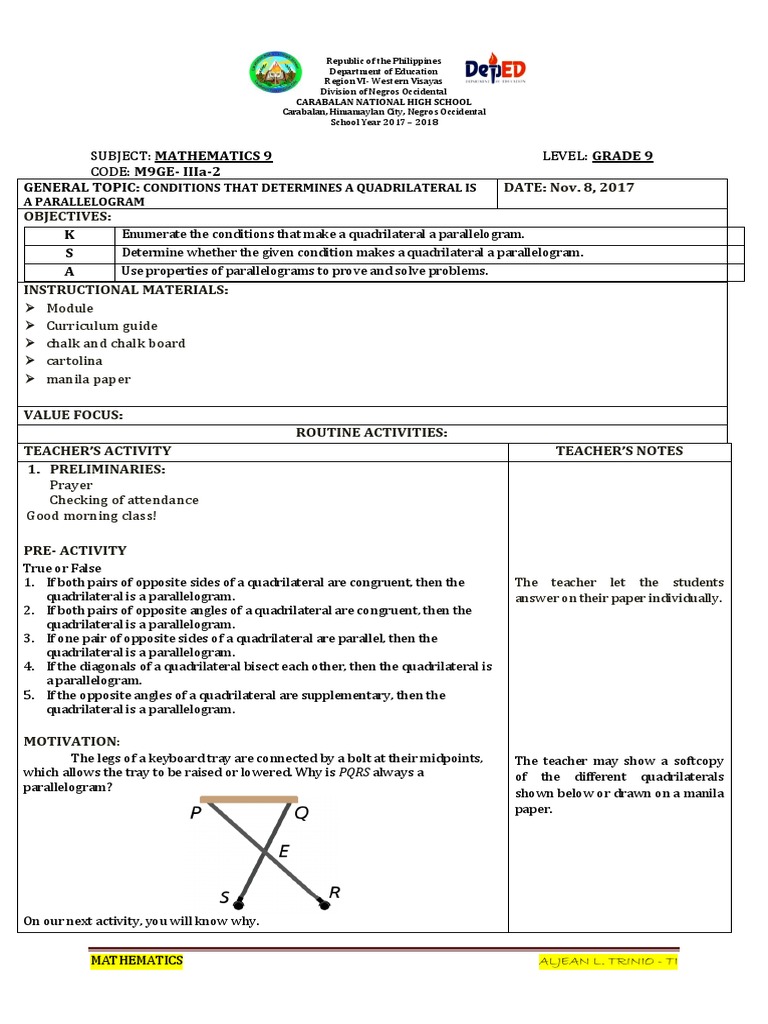 Subject: Mathematics 9 Level: Grade 9 Code: M9Ge-Iiia-2: General Topic ...