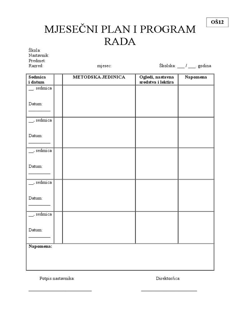 Obrazac- Mjeseƒni Plan i Program Rada | PDF