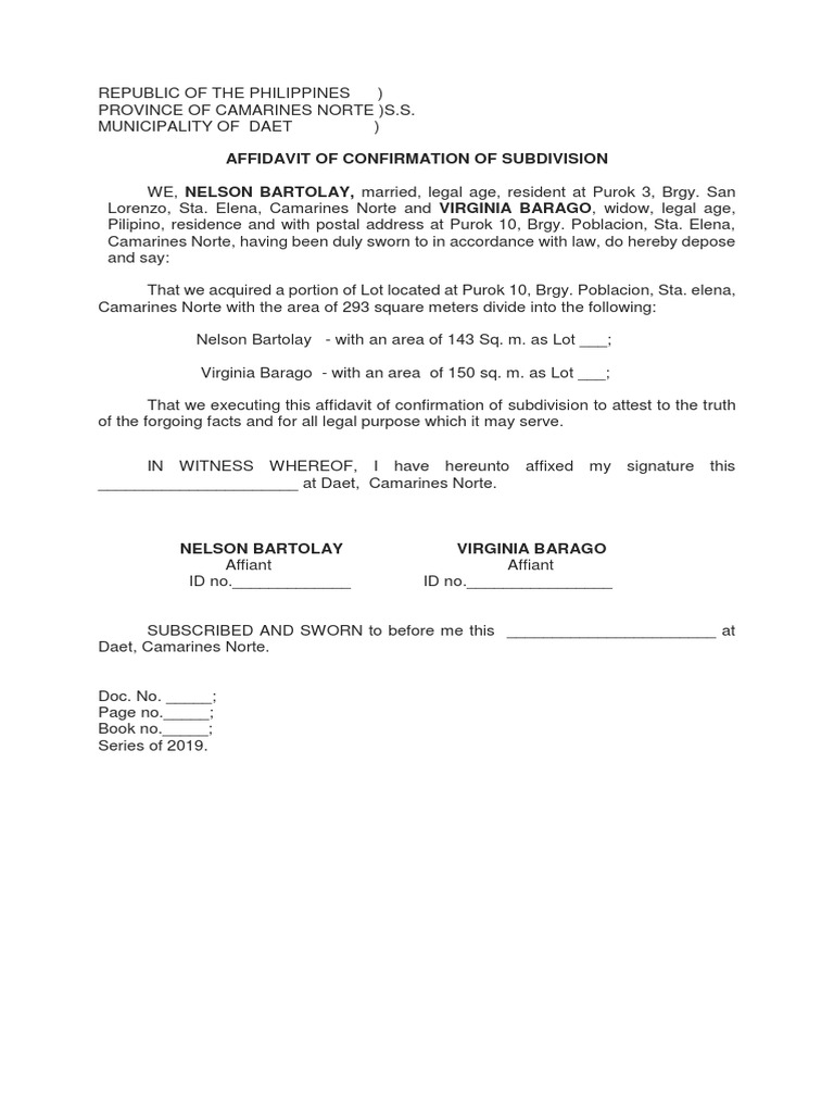 Affidavit of Subdivision Confirmation | PDF