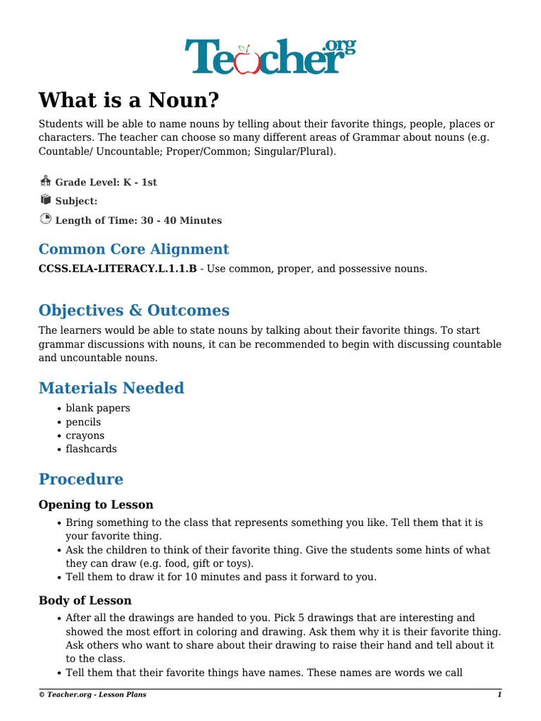 What Is A Noun?: Objectives & Outcomes | PDF | Noun | Lesson Plan