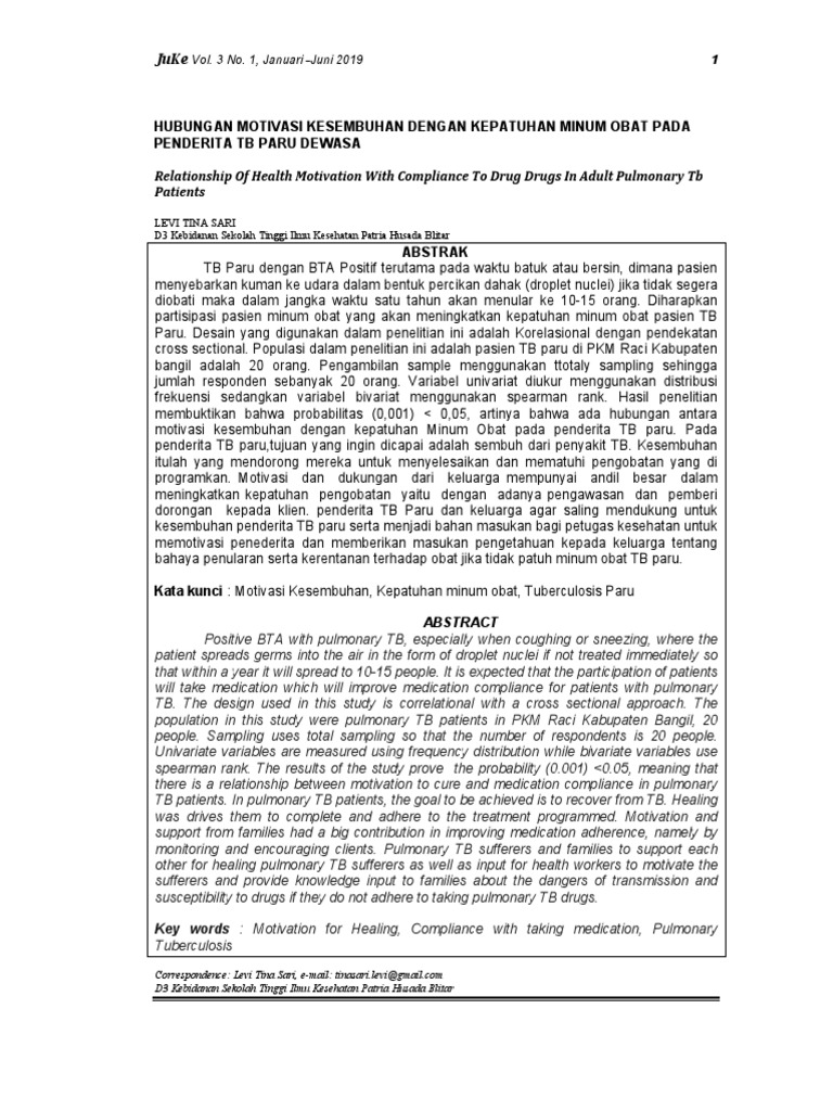 Hubungan Motivasi Kesembuhan Dengan Kepatuhan Minum Obat Pada Penderita TB Paru Dewasa | PDF ...