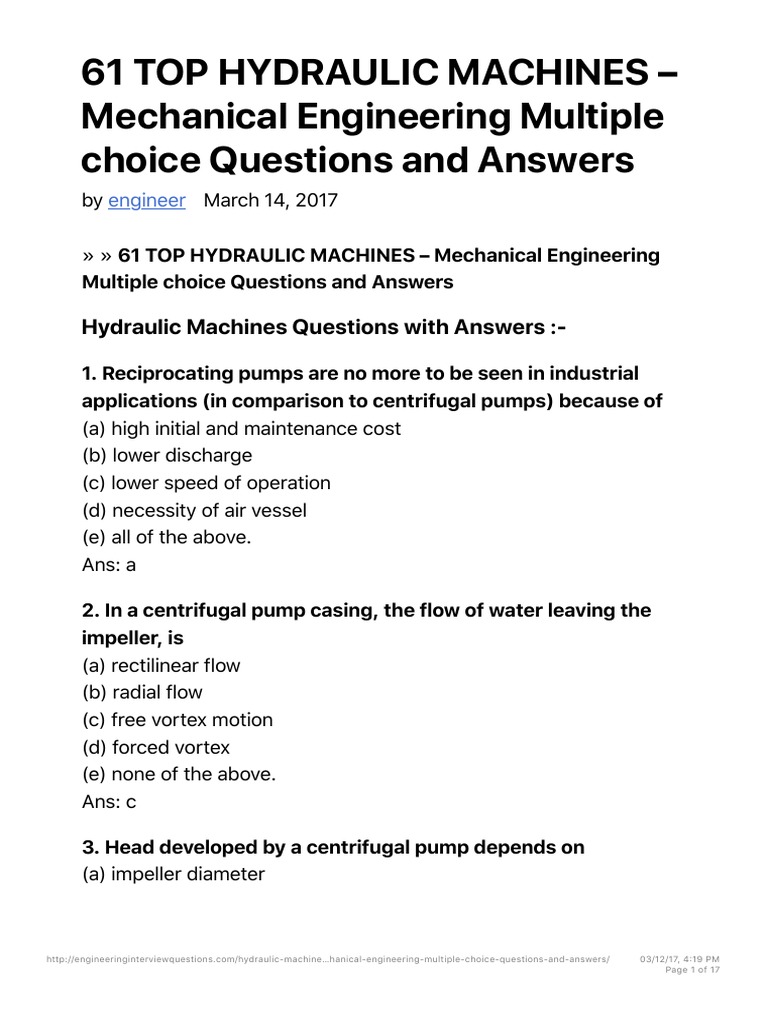 61 Top Hydraulic Machines - Mechanical Engineering Multiple Choice ...