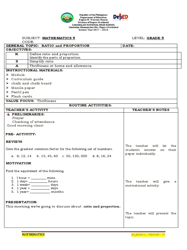 Ratio and Proportion: Teacher's Lesson Plan on Simplifying Ratios and ...