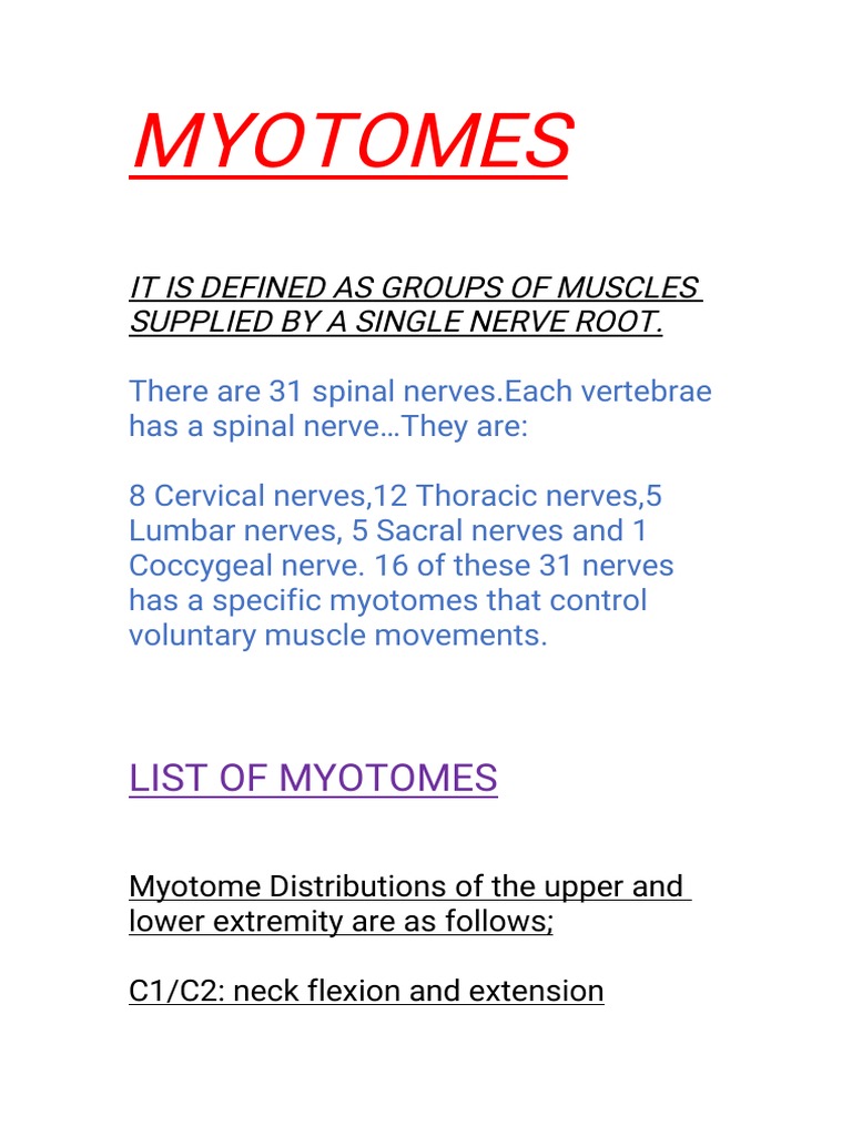 Myotome Distributions of the Upper and Lower Extremity: A Breakdown of ...