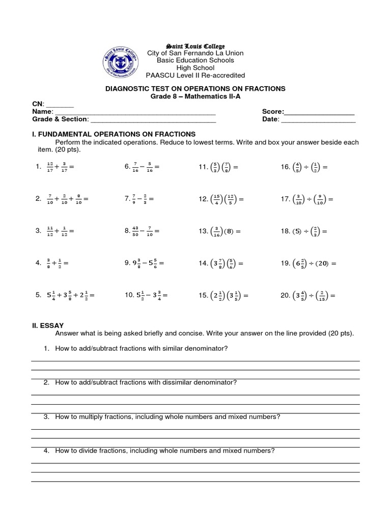 Grade 8 Diagnostic Test on Fractions | PDF | Fraction (Mathematics ...