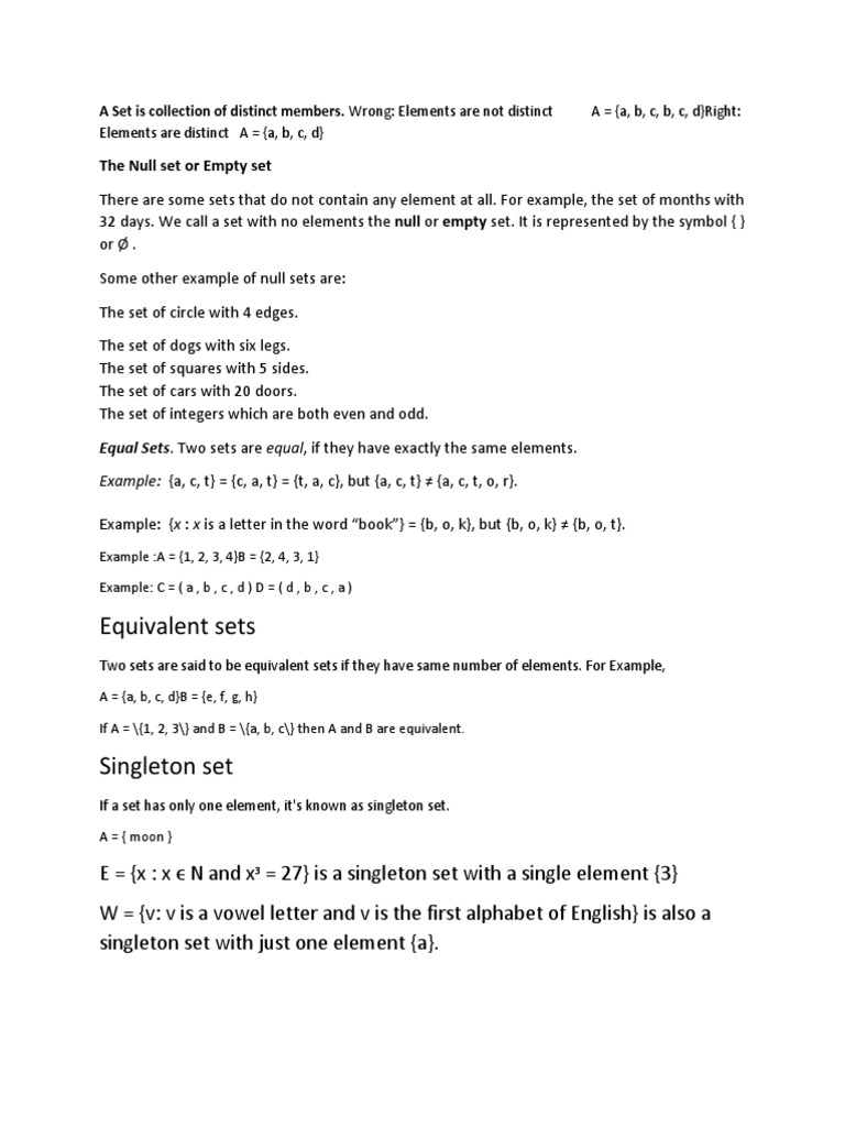 Equivalent Sets: The Null Set or Empty Set | PDF | Set (Mathematics) | Integer