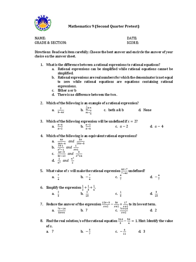 Name: Date: Grade & Section: Score:: Mathematics 9 (Second Quarter ...