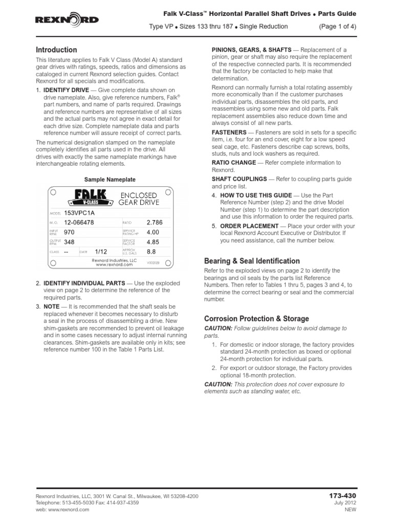 Falk V Class Type VP, Sizes 133 187 Shaft Drives Parts Manual | PDF ...