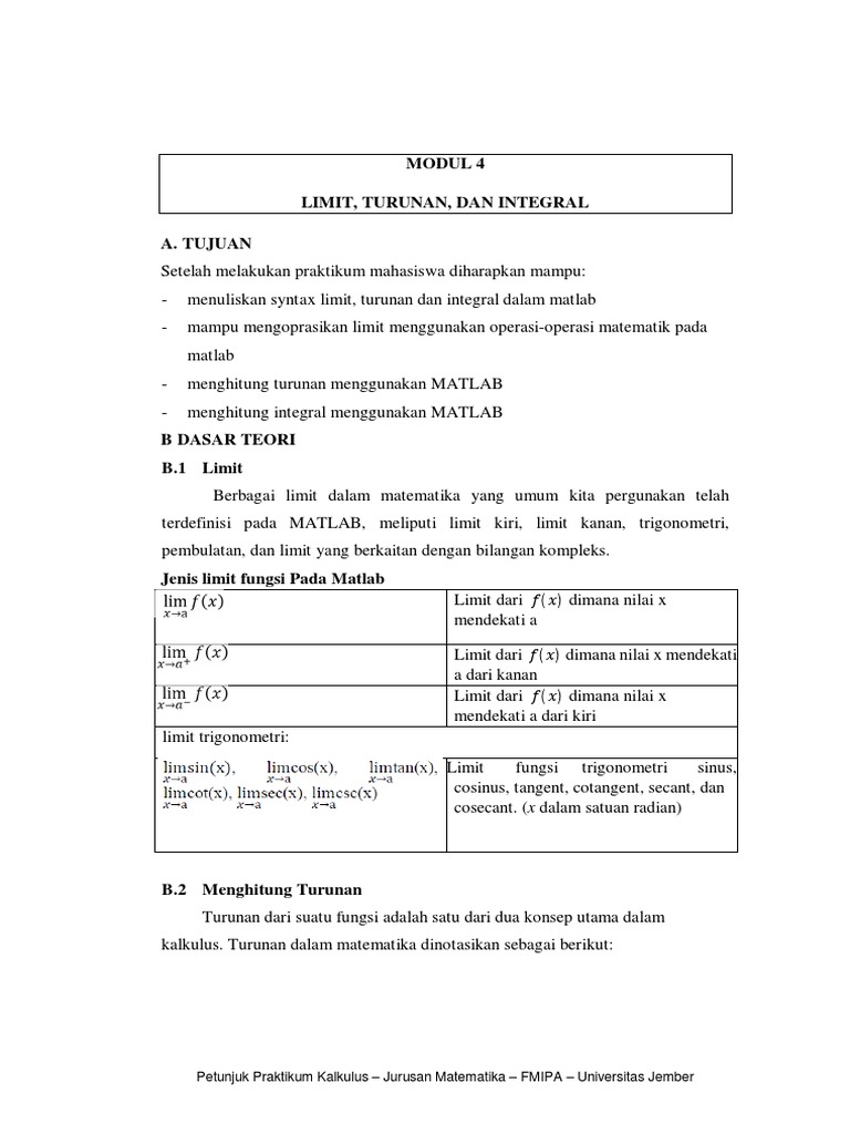 Praktikum Limit, Turunan, dan Integral MATLAB | PDF | Komputer