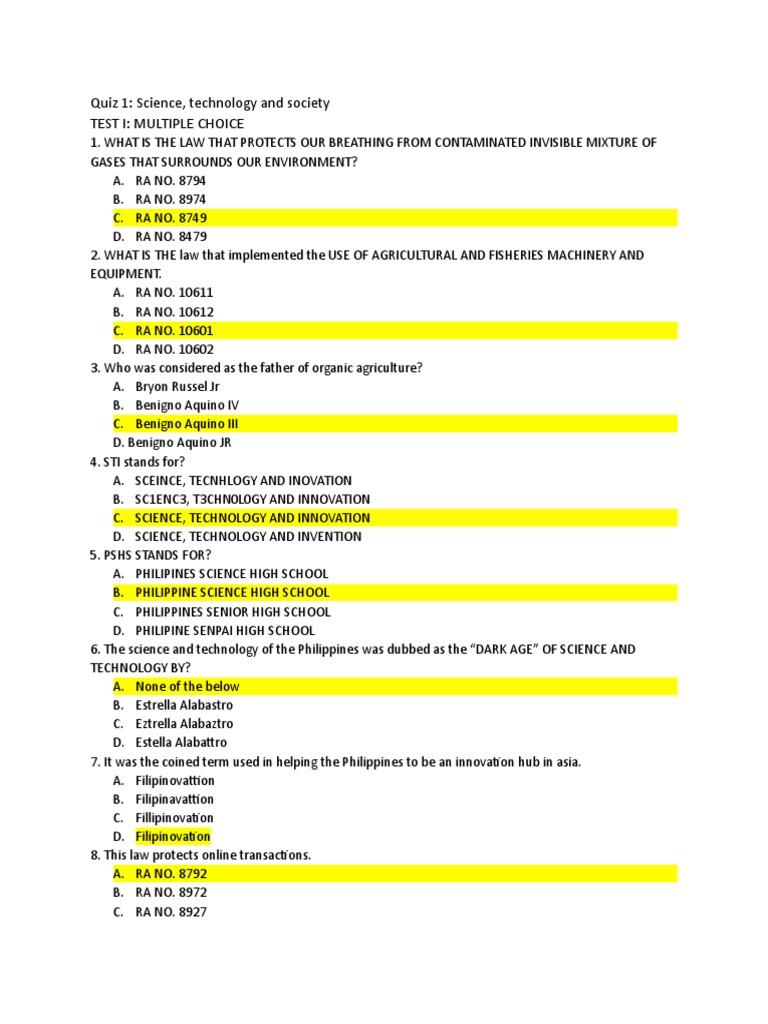 Quiz 1: Science, Technology and Society Test I: Multiple Choice | PDF ...