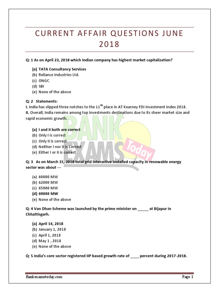 Current Affair Questions June 2 0 1 8 | PDF | Balance Of Payments ...