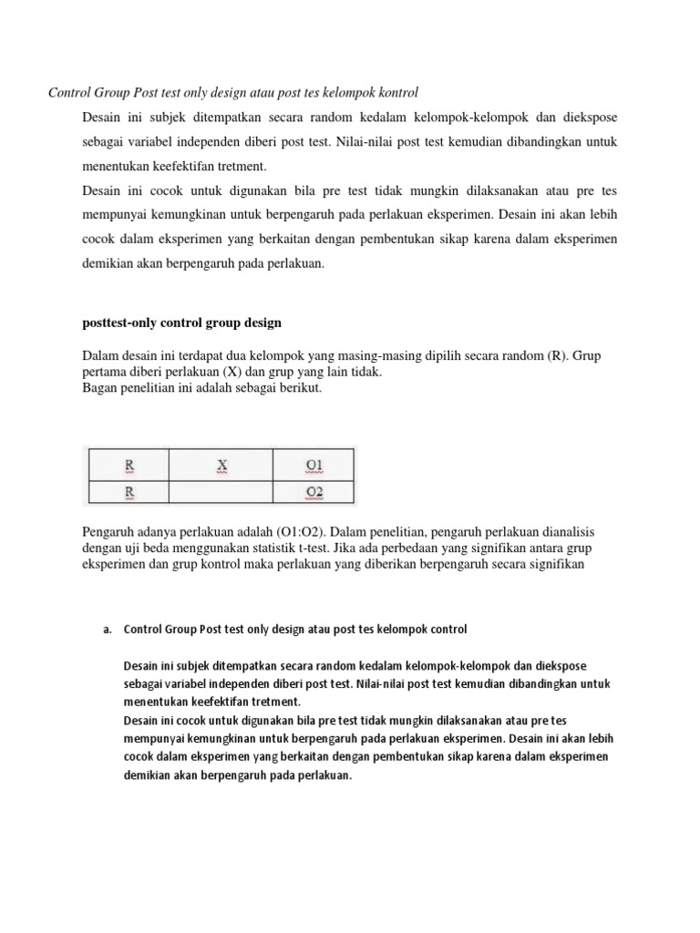 Control Group Post Test Only Design Atau Post Tes Kelompok Kontrol | PDF