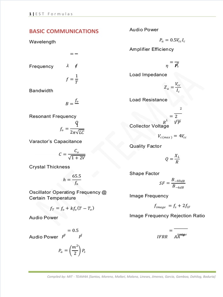 Est Formulas | PDF | Frequency Modulation | Antenna (Radio)