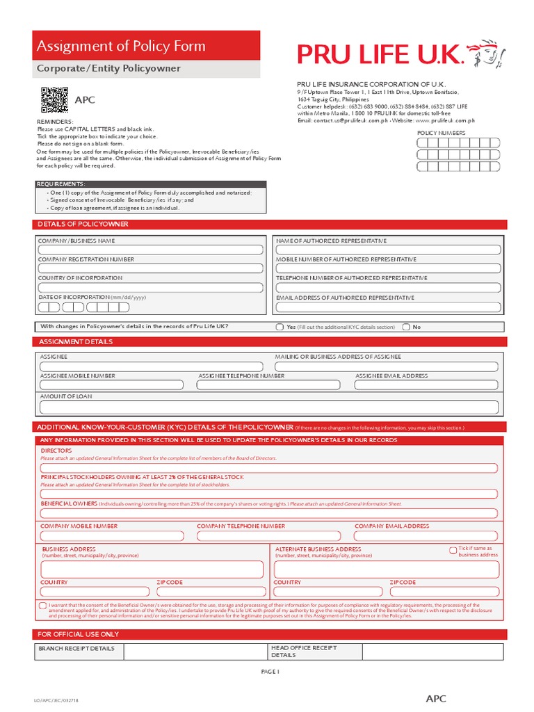 Assignment of Policy Form For Corporate Policyowner | PDF | Insurance ...