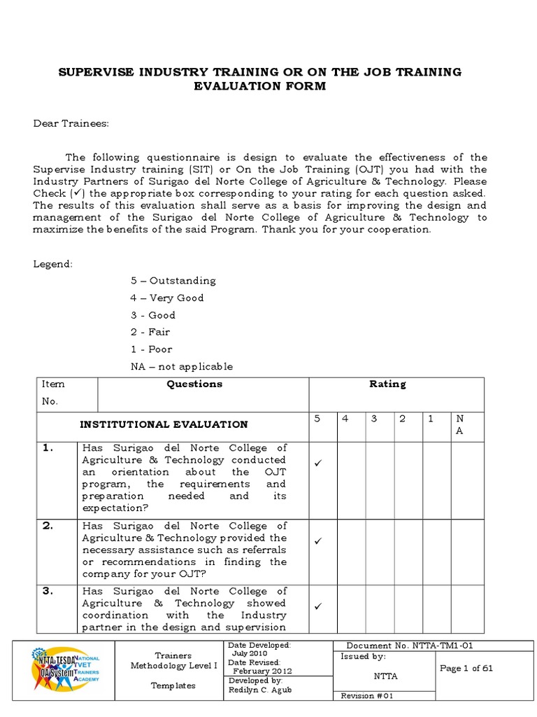 Supervise Industry Training or On The Job Training Evaluation Form ...