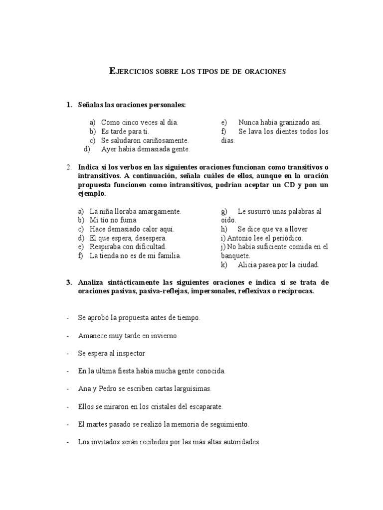 Ejercicios Sobre Los Tipos de Oraciones | PDF