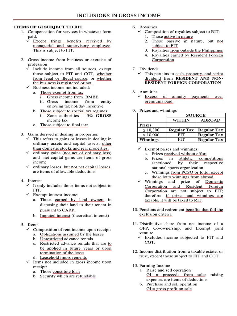 Inclusions in Gross Income | PDF | Income Tax | Tax Deduction