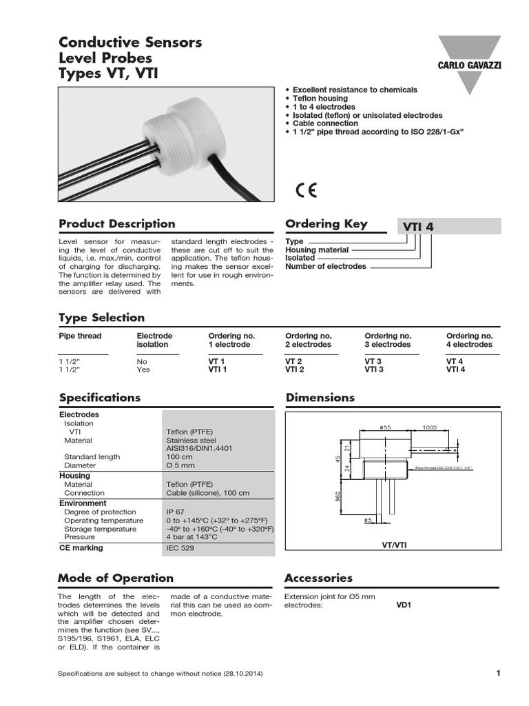Conductive Sensors Level Probes Types VT, VTI: Product Description ...